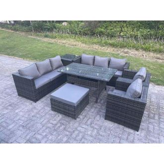 Fimous Fimous Salon de jardin exterieur en resine Canap&eacute; Table &agrave; manger rectangulaire avec 2 Fauteuils Table dappoint Grands Tabouret 9 places Gris fonc&eacute;