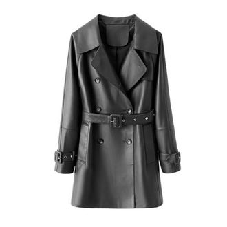 Generic Veste mi-longue en cuir v&eacute;ritable pour femme - Grande taille classique &agrave; revers double boutonnage avec ceinture, Noir, L