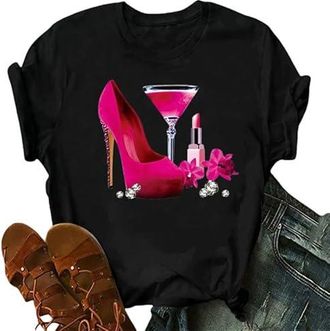 Keephen Verre &agrave; Vin T-Shirt pour Femmes Nouveaut&eacute; Verre &agrave; Vin Impression 3D T-Shirts &Eacute;t&eacute; Col Rond Manches Courtes Chemises &Eacute;t&eacute; Tee Casual Tops