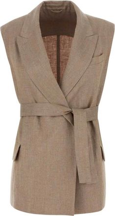 Brunello Cucinelli Femme, Vestes, Beige, Taille: 36 FR Veste sans manches ceintur&eacute;e en twill de lin scintillant