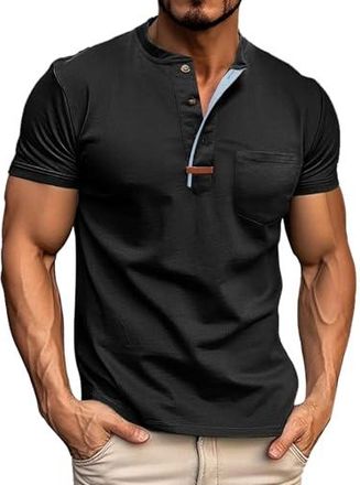 Generic T-shirt d&eacute;contract&eacute; pour homme, ample, tendance, couleur unie, col rond, poche, haut &agrave; manches courtes, polyester &eacute;lasthanne, Noir, 3XL