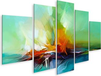 Islandburner Bild auf Leinwand Abstrakt Buntes Öl Leinwand Textur Semi Landschaft Gemälde Moderne Kunst Grün Rot Blau Wandbild Leinwandbild Bilder für Wohnzimmer G