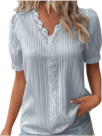 Generic Chemises tendance et &eacute;l&eacute;gantes en dentelle &agrave; manches courtes d&eacute;t&eacute; 2025 avec d&eacute;coupe brod&eacute;e et col en V pour femme - Couleur unie - Tenue d&eacute;contract&eacute;e 