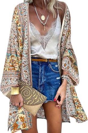 Zanzea Femme Bol&eacute;ro Kimono Cardigan Bohemian Manches Longues Gilet Long Shawl de Vacances 01-Abricot XL