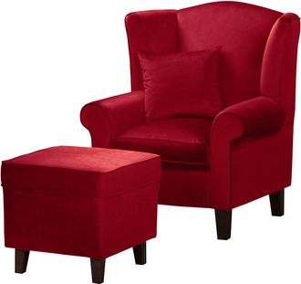 Maison Belfort home24 Ohrensessel Rot Samt Ravi mit Hocker 80 x 95 x 78cm