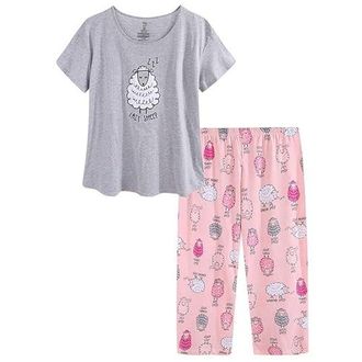 Generic Pyjama Femme &Eacute;t&eacute; Coton Manche Courte Ensemble Femme Ete avec T - Shirt &agrave; Manches Courtes et Capri 2 Pi&egrave;ces, S-XXXL f31