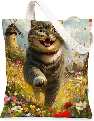 Generic Sac fourre-tout en toile motif chat britannique &agrave; poils courts pour le shopping, 33 x 38 cm, sac d&eacute;picerie r&eacute;utilisable pour femme, motif floral amusa