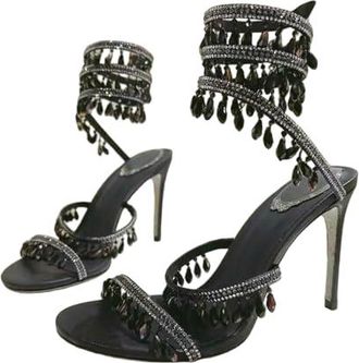 Generic YUJIEBB Sandales d&eacute;t&eacute; &agrave; talons hauts pour femme avec strass et perles de cheville serpent ficelle autour des chaussures de mariage sandales de gladiat