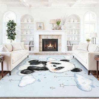 Generic Tapis Motif Mignon Panda G&eacute;ant Nuage &Eacute;toile - 140 x 200 cm Antid&eacute;rapant Doux dint&eacute;rieur Tapis &agrave; Poil Ras pour Salon Chambre Salle de Jeux - Bleu Clair