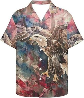 Keephen Patriotique Drapeau USA Impression 3D Chemise &agrave; Boutons Manches Courtes Nouveaut&eacute; Pygargue &agrave; T&ecirc;te Blanche/Loup Chemise Hawaiienne &Eacute;t&eacute; Plage Haut