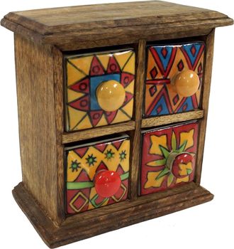 Guru Shop Apothekerschr&auml;nkchen mit Bunten Keramik Schubf&auml;chern, Gew&uuml;rzkiste - 2x2 F&auml;cher Modell 1, 18x17x10 cm
