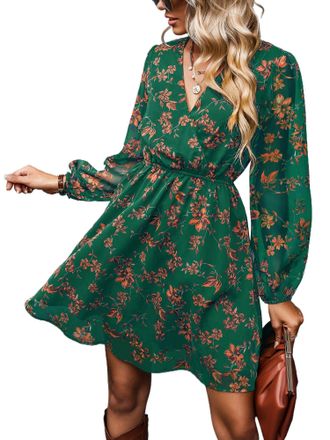 Cupshe Damen Kleid V Ausschnitt Wickeloptik Langarm Blumenmuster A Linien Freizeitkleider Wrap Mini Dress Grünes Blumenmuster XS
