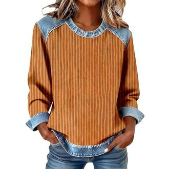 Generic Chandails en denim patchwork vintage pour femme - Chemise en jean surdimensionn&eacute;e &agrave; col ras du cou - Pull &agrave; manches longues - Haut tendance - Printemp