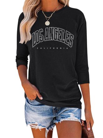 TOMWELL T-Shirt Damen 3/4 Arm Shirt Rundhals Grafik Druck Tshirt Sommer Leichte Pullover Oberteile B Schwarz XXL