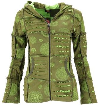 Guru Shop Guru-Boutique, Veste en Patchwork de Goa, Veste &agrave; Capuche Boho, Vert Olive/citron, Lecoton, Size:S (40), Vestes et Gilets Boho