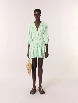 Maje Robe Courte Pliss&eacute;e Imprim&eacute;e - Vert - Taille 42 - Maje