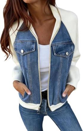 Generic Blouson bomber pour femme - Printemps Varsity Jackets, veste bomber en jean pour femme - Fermeture &eacute;clair - Patchwork Varsity, bleu, M