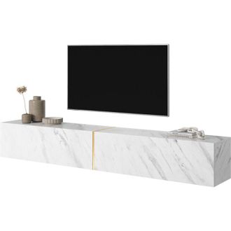 Selsey Selsey - Bisira Meuble tv Blanc imitation marbre avec insert dor&eacute;, 200 cm