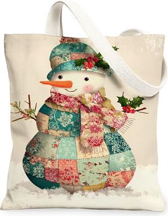 Generic Sac fourre-tout en toile motif bonhomme de neige dhiver, sac d&eacute;picerie r&eacute;utilisable, vintage, l&eacute;ger, lavable avec bandouli&egrave;re, multicolore, 13x15 Inch