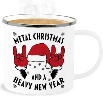 Shirtracer Emaille Becher Blechbecher - Weihnachtstasse Tasse Weihnachten - Metal Christmas and a Heavy New Year - 300 ml - Wei&szlig; Silber - weihnachtstassen weihna