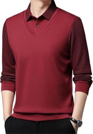 Generic Chemise deux pi&egrave;ces &agrave; revers ray&eacute;e pour homme, faux deux pi&egrave;ces, polo, haut professionnel, haut d&eacute;contract&eacute;, Rouge, XXL