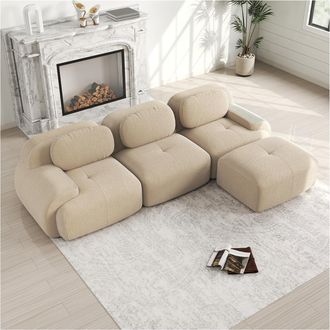 Generic Modulares Schlafsofa mit Ottomane, 3-Sitzer, modulares Cord-Sofa, ohne Montage, for Wohnzimmer, rahmenloses Sofa, mit gebogenen Armlehnen(Beige.,3S+1)