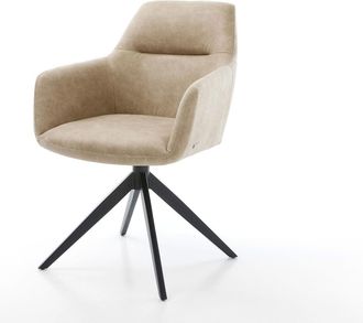 DELIFE Drehstuhl Pejo-Flex Mikrofaser Beige Vintage Kreuzgestell breit Schwarz 360&deg; drehbar Wippfunktion Taschenfederkern, Esszimmerst&uuml;hle