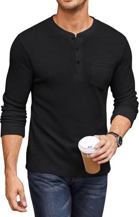 Coofandy Henley Langarmshirt für Herren - Longsleeve T-Shirt mit Henley-Kragen - Waffel Shirt mit Tasche Schwarz XXL