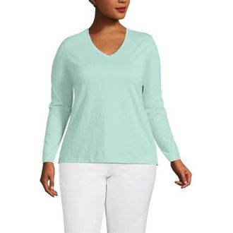 Lands End Supima Langarm-Shirt mit V-Ausschnitt, Damen, Gr&ouml;&szlig;e:52-54 plus, Blau, Baumwolle, by Lands End