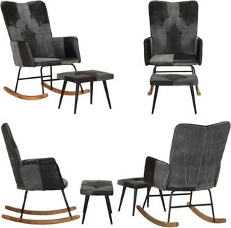 vidaXL Schaukelstuhl mit Fußhocker Schwarz Echtleder und Canvas - Schaukelstuhl - Echtleder - Sitzsack - Lounge Chair - Relaxstuhl - Home & Living