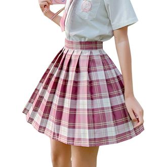 Minetom Frauen M&auml;dchen Kurze Hohe Taille Gefaltete Skater Tennis Schule Rock Damen Kariert Rock Faltenr&ouml;cke Minirock Kurz Skirt Rosa M