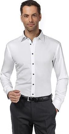 Vincenzo Boretti Chemise Homme, Coupe cintr&eacute;e Slim-fit, Tissu Infroissable et agr&eacute;able, 100% Coton, Manches-Longues, col Kent, Unie avec triplure de Contraste Blanc 43