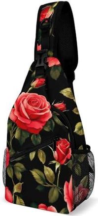 Generic Léger Sacoche Tactique Fleurs Fleurs Noir Rouge Roses Sac Bandoulière Durable,Mode Cross Body pour Camping Randonnée Cyclisme