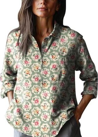 Generico Chemise Femme Curvy &agrave; Manches Longues T Shirt Coton Et Lin &Eacute;l&eacute;gant Grande Taille Blouse Col en V Classique Chemises Vintage Imprim&eacute; avec Boutons Doux 