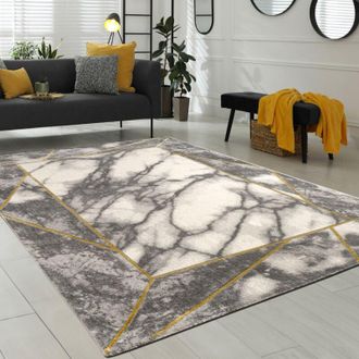 Paco Home Paco Home - Tapis de salon gris, bordure dorée 3-D motif marbré motif marbré durable à poil court 160x230 cm