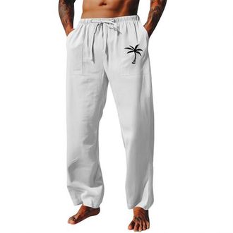 Generic Pantalon de plage en lin pour homme - Imprim&eacute; cocotier - Coupe ample - Pantalon hawa&iuml;en - Jambe droite - Pantalon de vacances - Taille &eacute;lastique - Pan
