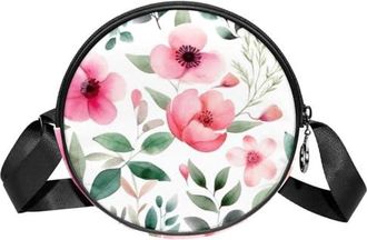 Generic Petit sac &agrave; bandouli&egrave;re circulaire pour femme, motif feuilles florales, sac &agrave; dos avec fermeture &eacute;clair, bretelles r&eacute;glables, sac &agrave; main rond d&eacute;contra