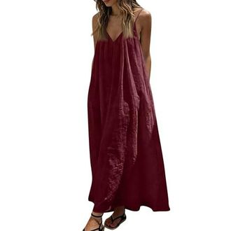 Generic Robe de vacances d&eacute;t&eacute; pour femme en coton l&eacute;ger avec col en V et noeud dans le dos, robe d&eacute;t&eacute; fluide sans manches avec poches, v&ecirc;tement de voyage, bor