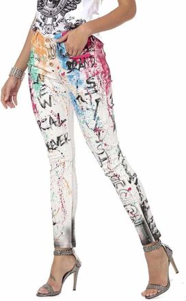 Cipo & Baxx Damen Jeans WD472 Weiß - Slim Fit Straight Jeans Hose - Knalligem Design, Handbemalten Design Look, Angenehmes Gefühl - WD472 Weiß W31-L34
