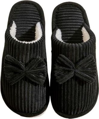 Generic Pantoufles dhiver &agrave; enfiler pour femme, confortables et chaudes, chaussures dint&eacute;rieur chics avec noeud et semelle antid&eacute;rapante en EVA, Noir, 37 EU