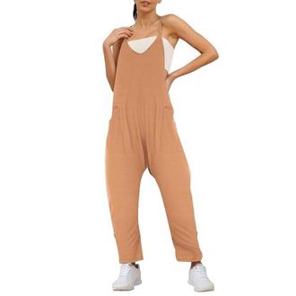 Generic Salopette d&eacute;t&eacute; pour femme - Combinaison grandes tailles - Couleur unie - Combinaison l&eacute;g&egrave;re - Jambes larges - Avec poches - Sans manches - Combinaison