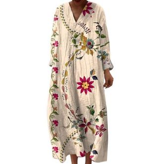 Generic Robes graphiques d&eacute;contract&eacute;es robes midi 2025 col en V manches longues r&eacute;tro robes amples robe &agrave; volants femmes courte &eacute;paules d&eacute;nud&eacute;es, beige, XXL