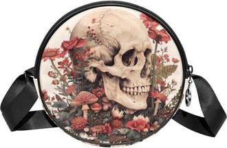 Generic Petit sac &agrave; bandouli&egrave;re circulaire pour femme, motif cr&acirc;nes, fleurs, petit sac &agrave; bandouli&egrave;re avec fermeture &eacute;clair, bretelles r&eacute;glables, sac &agrave; main ro