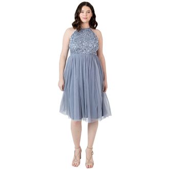 Maya Womens Damen Womens Ladies Midi Dress with Halter Neck Tulle for Evening Graduation Prom Wedding Bridesmaids Ball Gown Brautjungfernkleid, Dusty Blue,