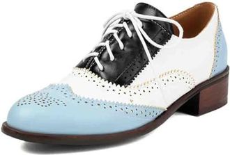 Generic MiaZane Brogues Bicolores pour Femmes Oxford Color Block Talon Bloc 3cm pour Bureau et Usage Quotidien Bout Rond Fermeture &agrave; Lacets,Bleu,41 EU