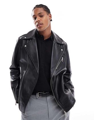 Asos Premium - Blouson style motard en cuir v&eacute;ritable - Noir