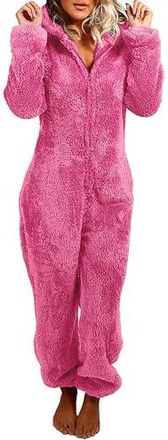 Onsoyours Femmes Manches Longues Pyjama Fermeture éclair Combinaison Grenouillères Couleur Unie en Peluche épaissie en Molleton Pyjama à Capuche Costume A Rose 
