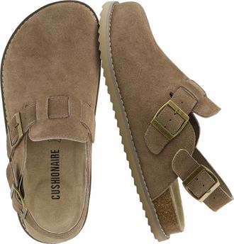 Cushionaire Brooklyn Suede Womens Slides - Bequeme Clog Pantoletten mit verstellbaren Schnallen - Sommerschuhe f&uuml;r Damen, Braungrau - Taupe Suede, 38.5 EU Weit