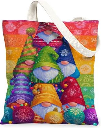 Generic Sacs fourre-tout en toile avec motif de nains de No&euml;l, sacs d&eacute;picerie l&eacute;gers et lavables pour voyage, plage, pique-nique, multicolore, 13x15 Inch