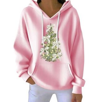 Generic Sweat à capuche de Noël léger pour femme, surdimensionné, tendance, à manches longues, décontracté pour entraînement, fête, cadeaux de Noël, rose, XL